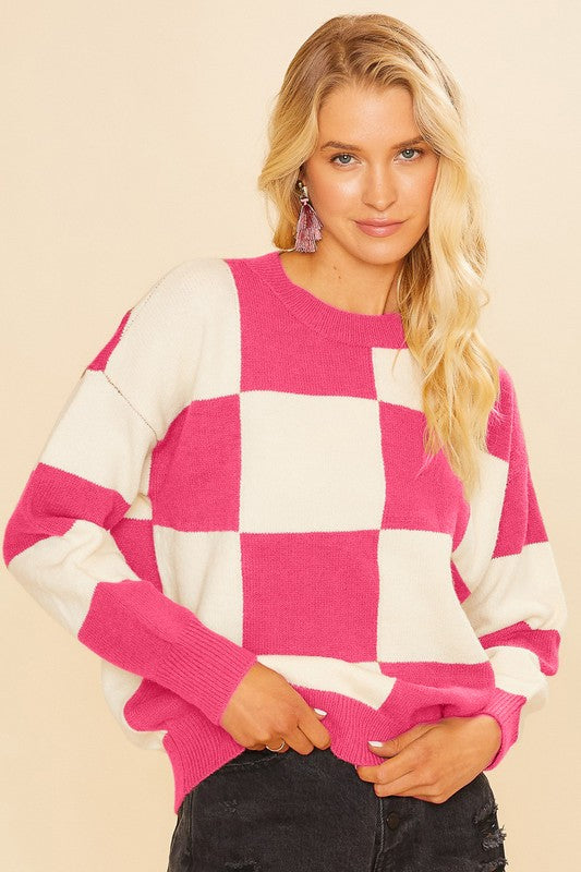 Hot Pink Checkerboard Sweater – She's Smitten