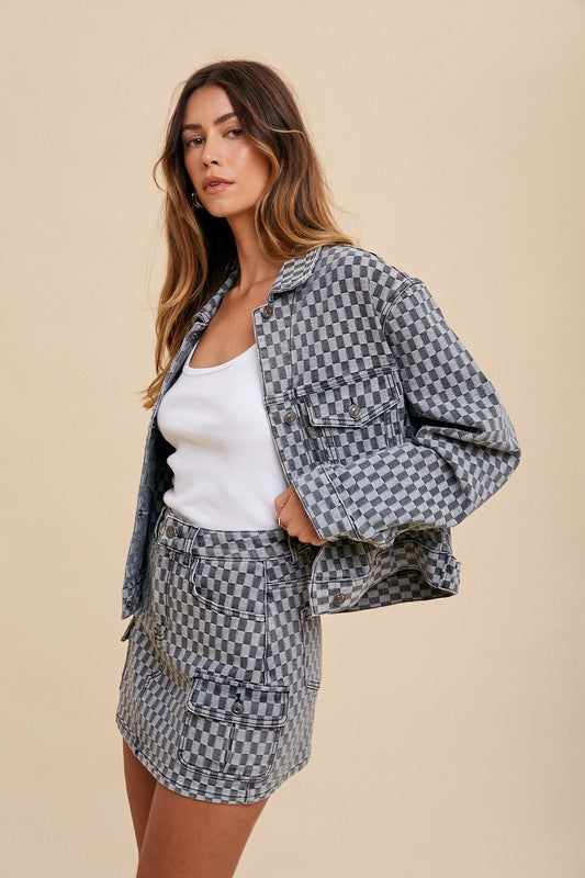 Black Washed Checkered Denim Jacket – She's Smitten