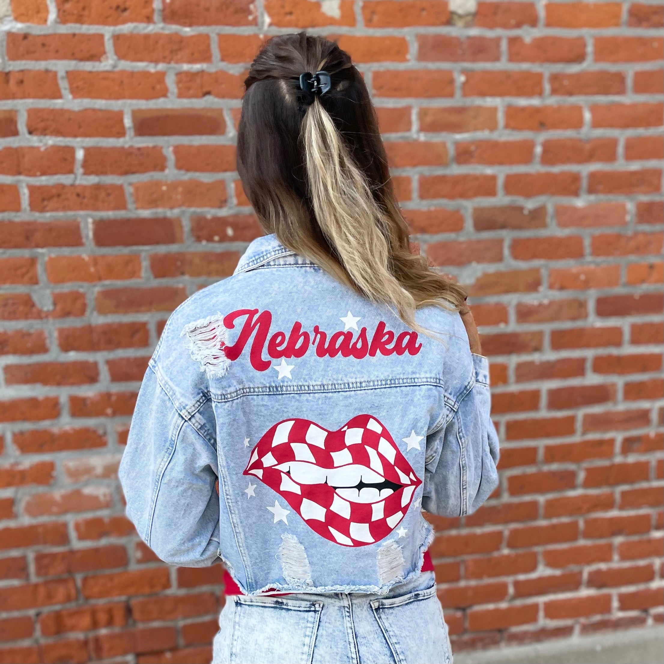 Nebraska Checkered Lips Denim Jacket – She's Smitten