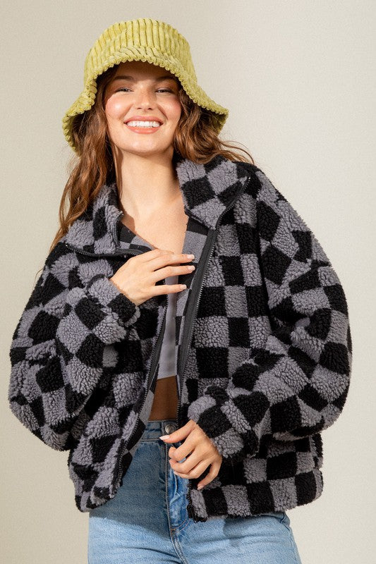 Grey Checkered Sherpa Jacket – She's Smitten