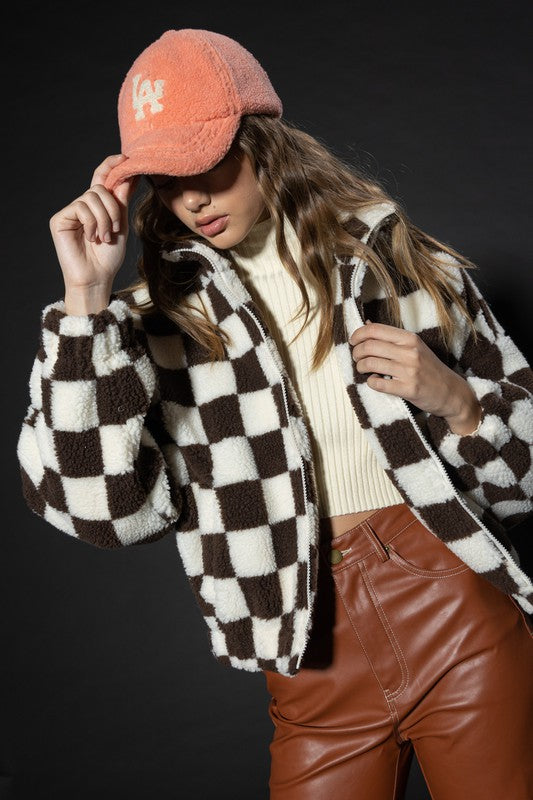 Layna Brown Checker Fleece Jacket – She's Smitten